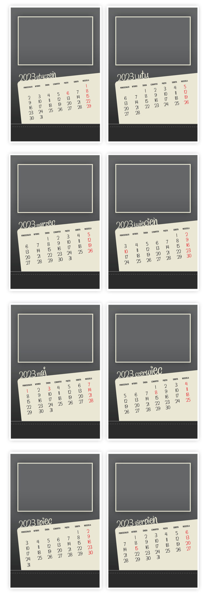 Kalendarz szablony 2023 ze zdjęciami A4 projekty kalendarium psd