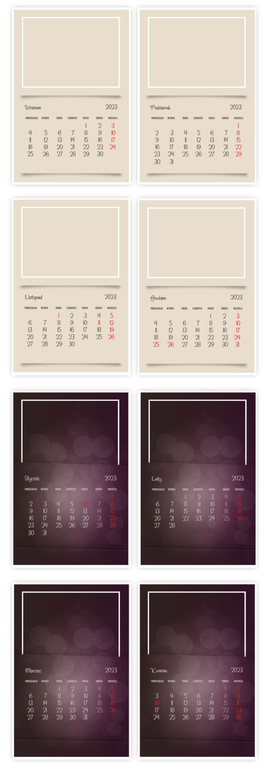 Kalendarz szablony 2023 ze zdjęciami A4 projekty kalendarium psd